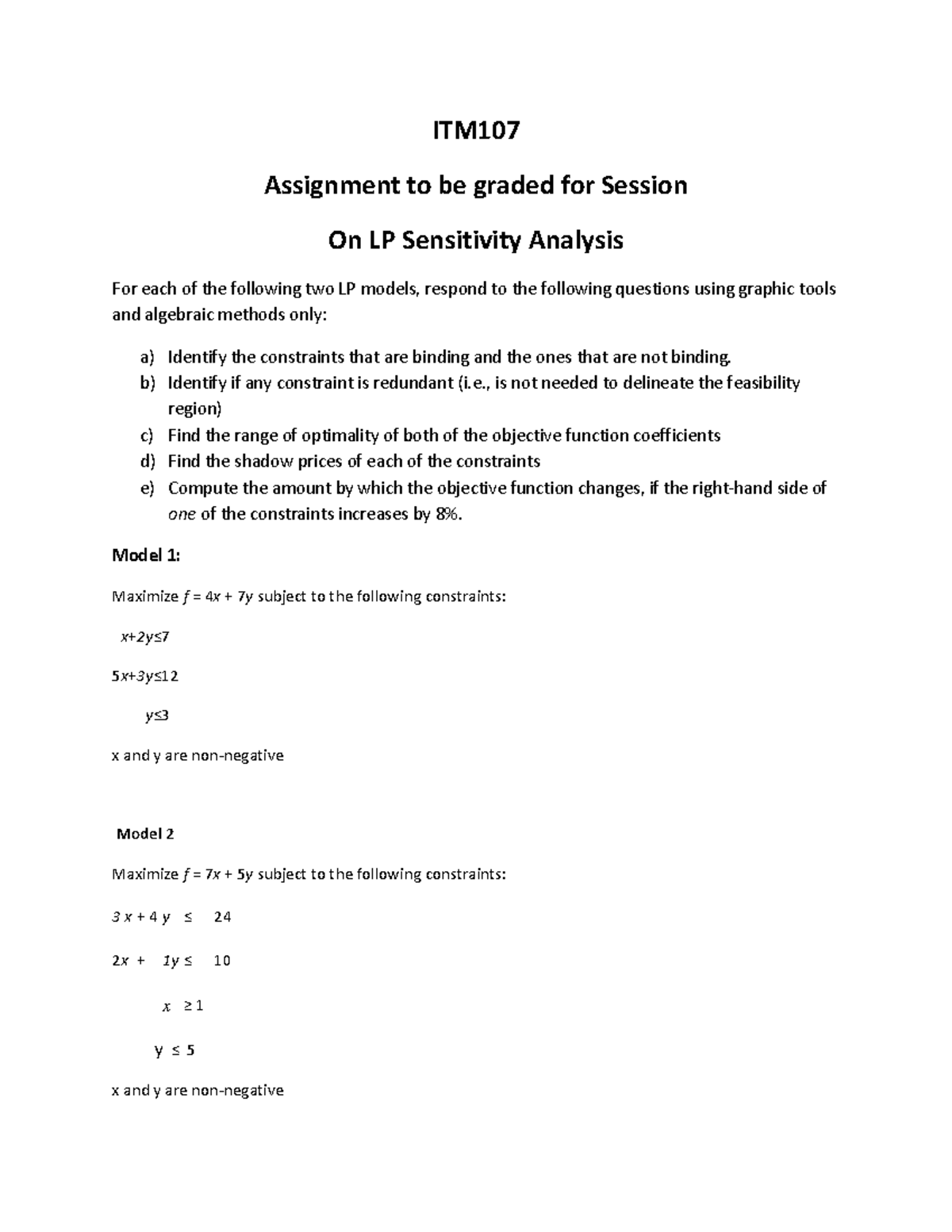 ITM107 Assignment 6 - ITM Assignment to be graded for Session On LP Sensitivity Analysis For ...