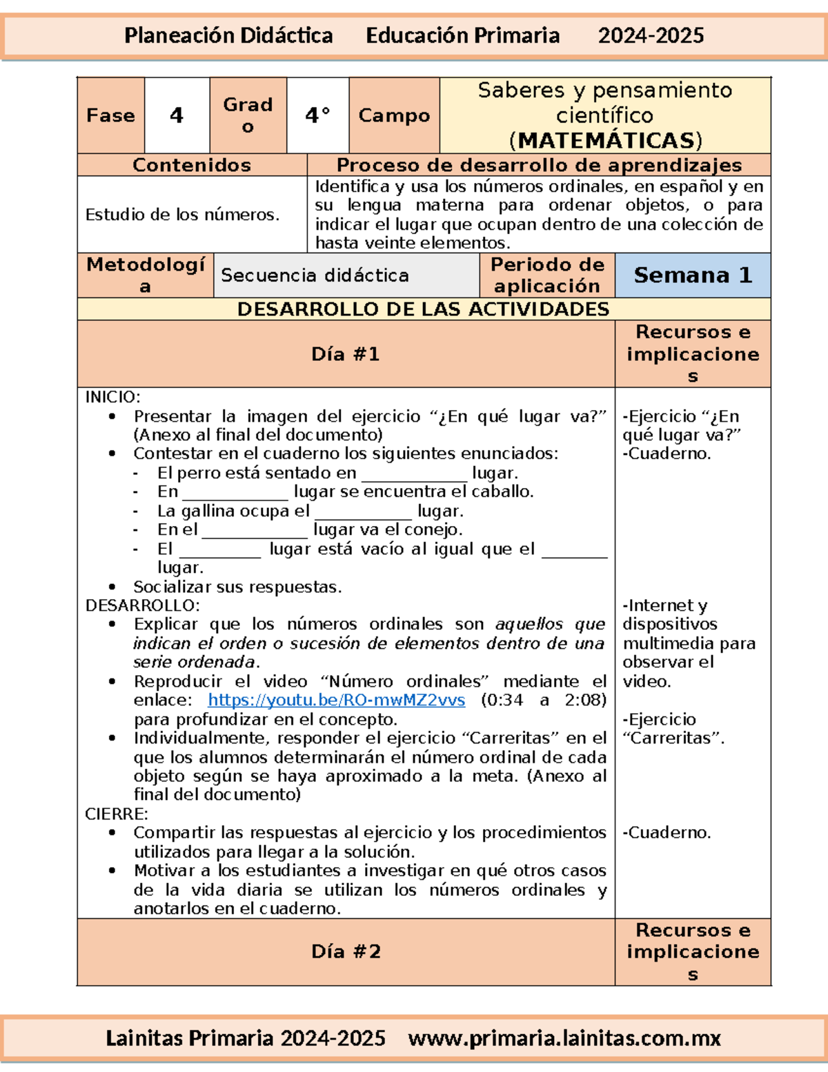 4to Grado Noviembre - 09 Matem ticas Planeaci¢n (2024-2025) - Fase 4 Grad o 4° Campo Saberes y ...