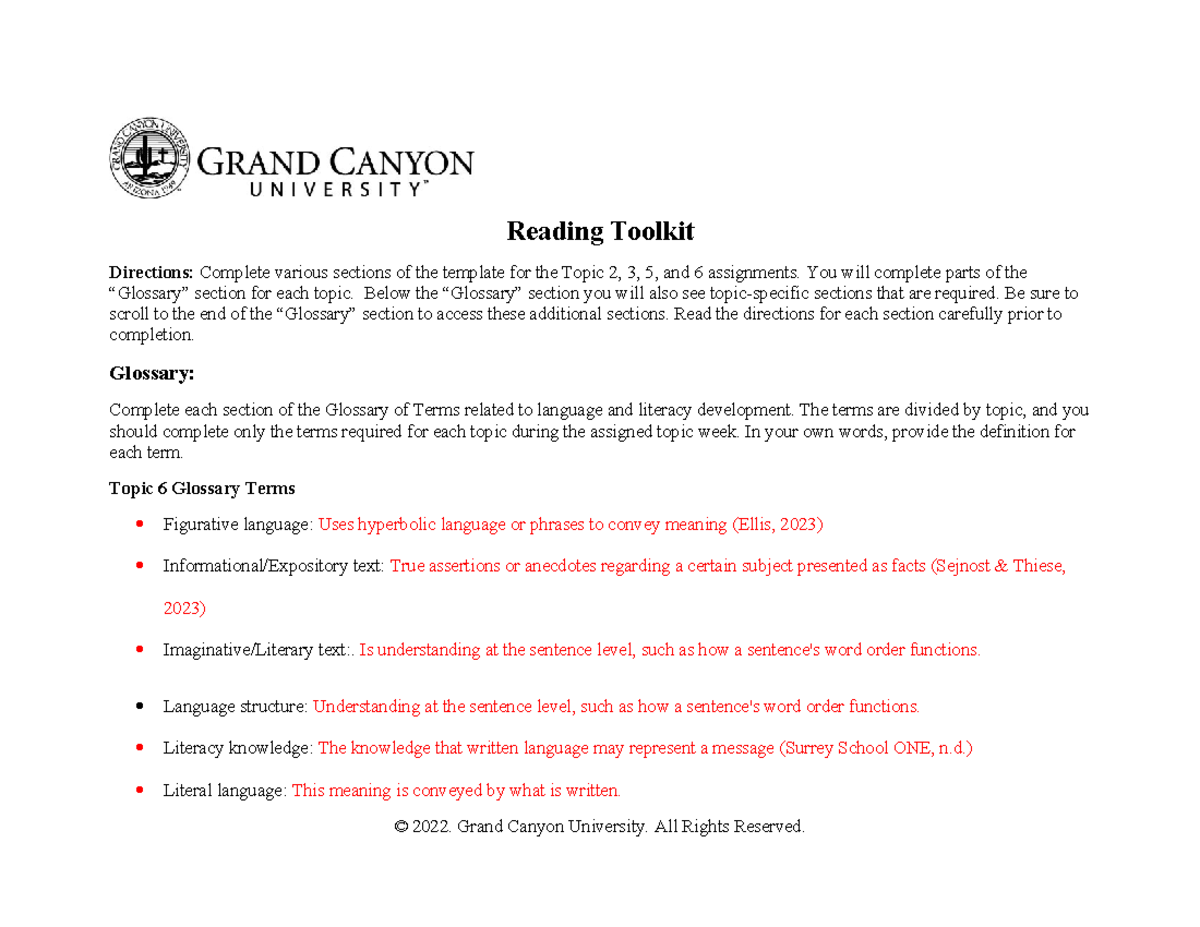 Toolkit Topic 6 - Tool kit - Reading Toolkit Directions: Complete ...