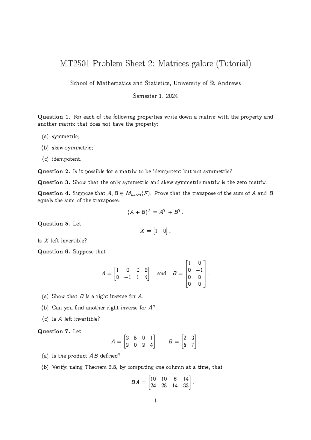 02-matrices-problems - MT2501 Problem Sheet 2: Matrices galore ...