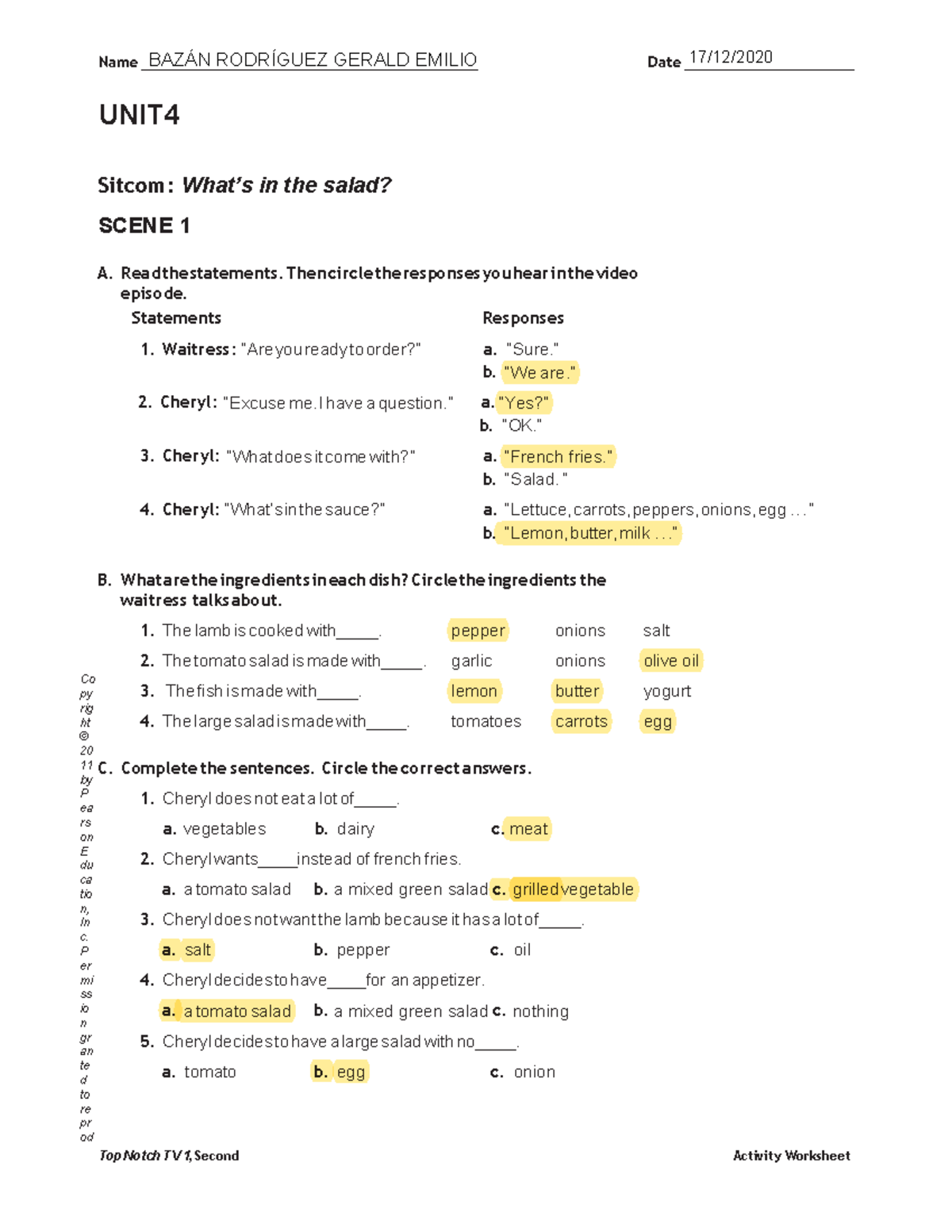 Worksheets compress - Hola - Name Date UNIT 4 Top Notch TV 1, Second Activity Worksheet Co pyrig ...