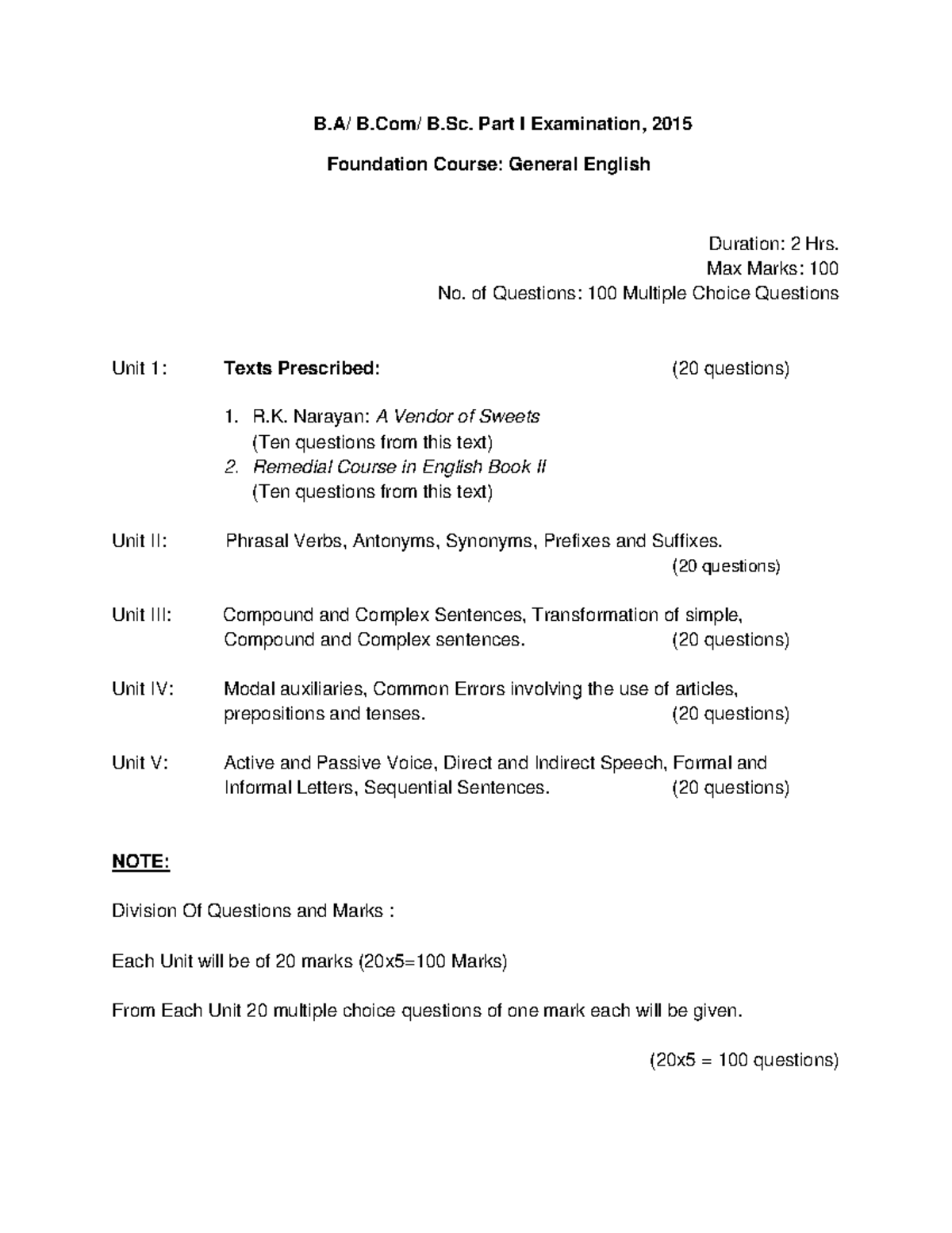 BA Elective English I 2015 - B/ B/ B. Part I Examination, 2015 ...