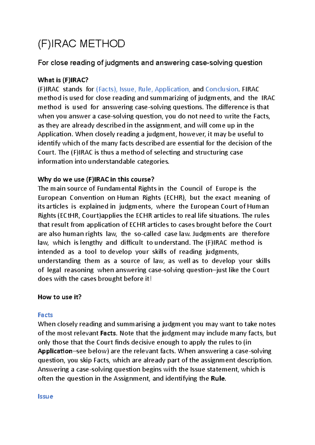 (F)irac Method - (F)IRAC METHOD For close reading of judgments and ...
