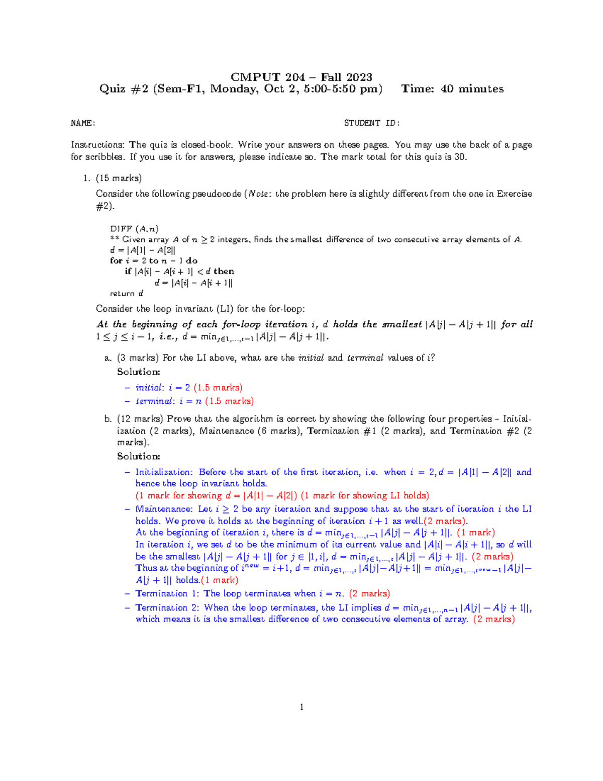 Quiz #2 (SEM-F1 Solution) - CMPUT 204 – Fall 2023 Quiz #2 (Sem-F1, Monday, Oct 2, 5:00-5:50 pm ...