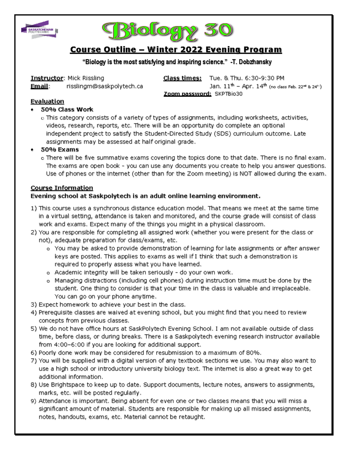 Bio 30 Winter 2022 course outline - Course Outline 3 Winter 2022 ...