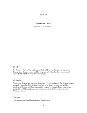 Experiment 3 - Lab Report - Experiment Torsion Test on Metals Table of ...