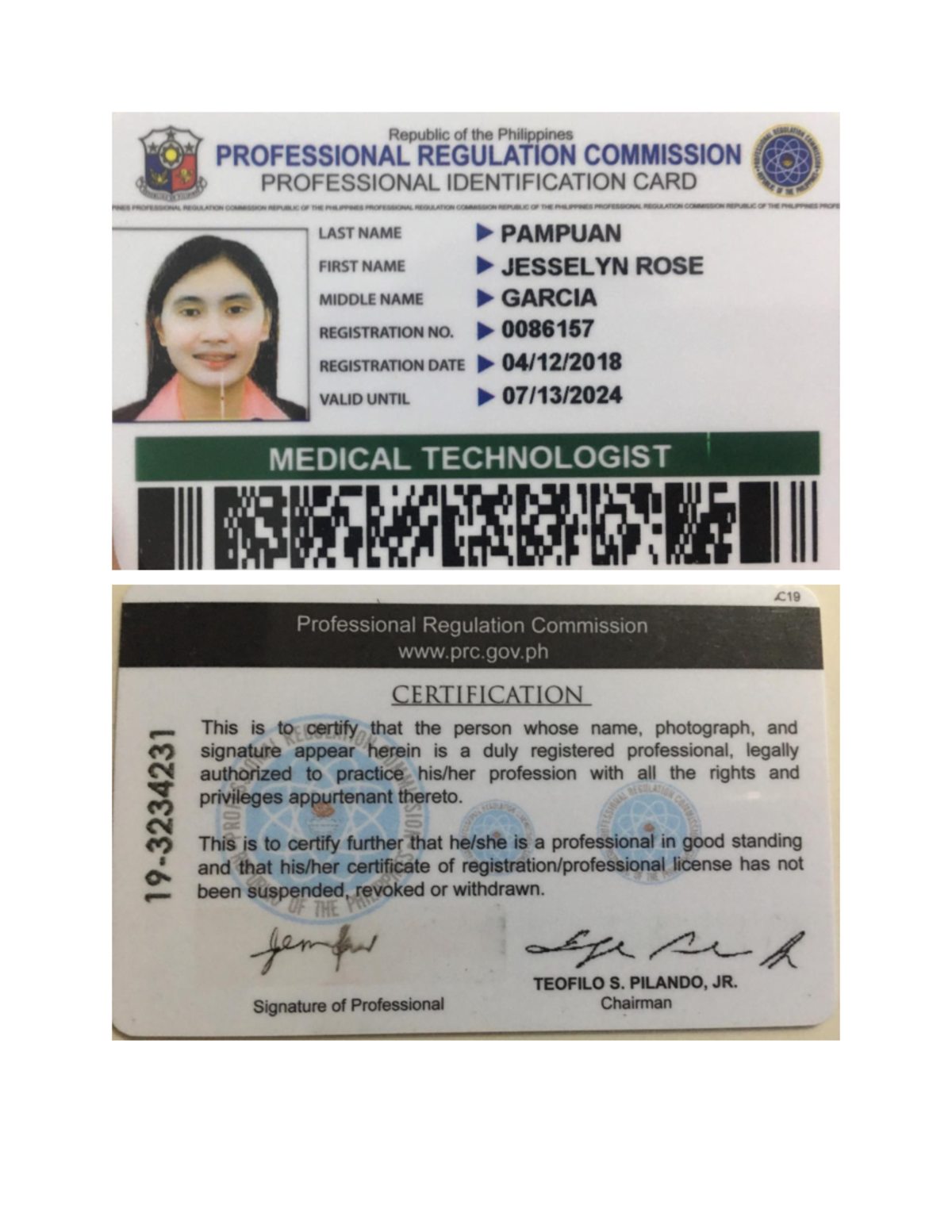 PRC ID back and front - 3rd year college - Republic of the Philippines ...