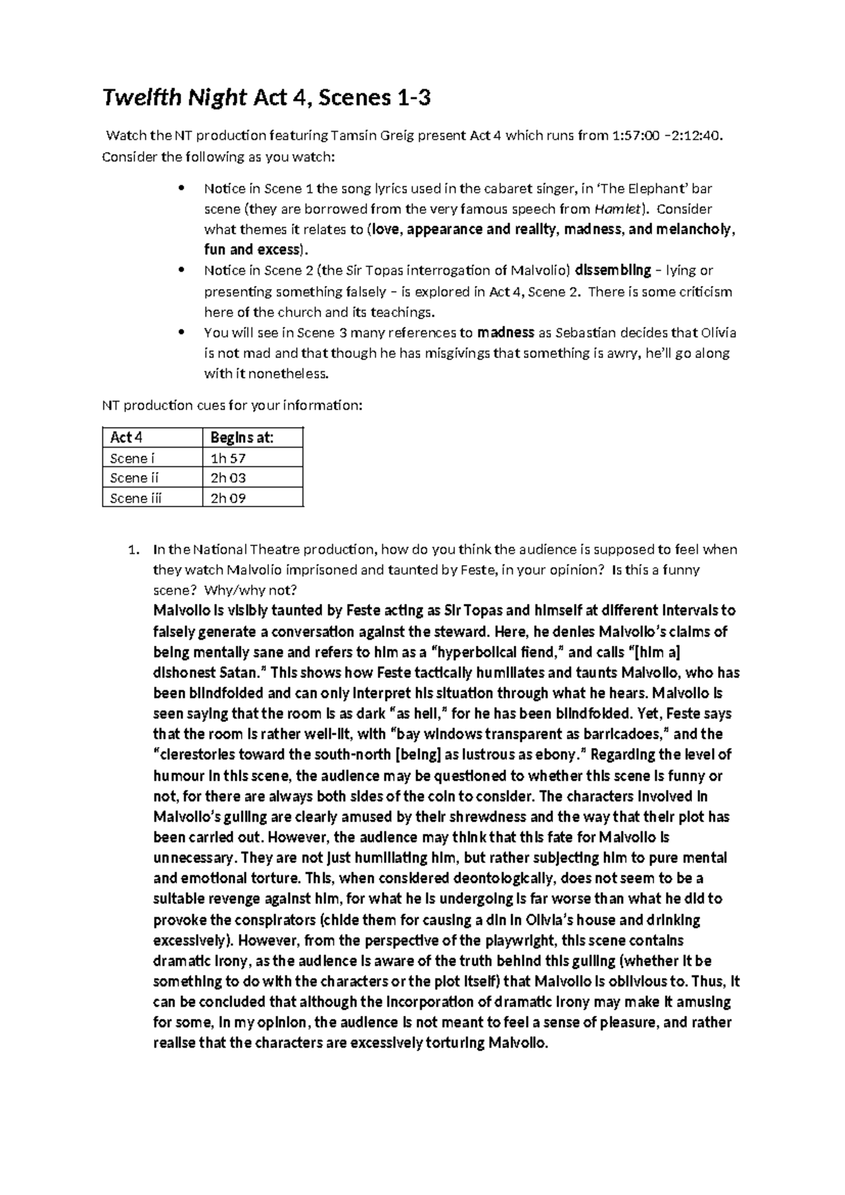 12th Night- Act 4 and 5 Work - Twelfth Night Act 4, Scenes 1- Watch the ...