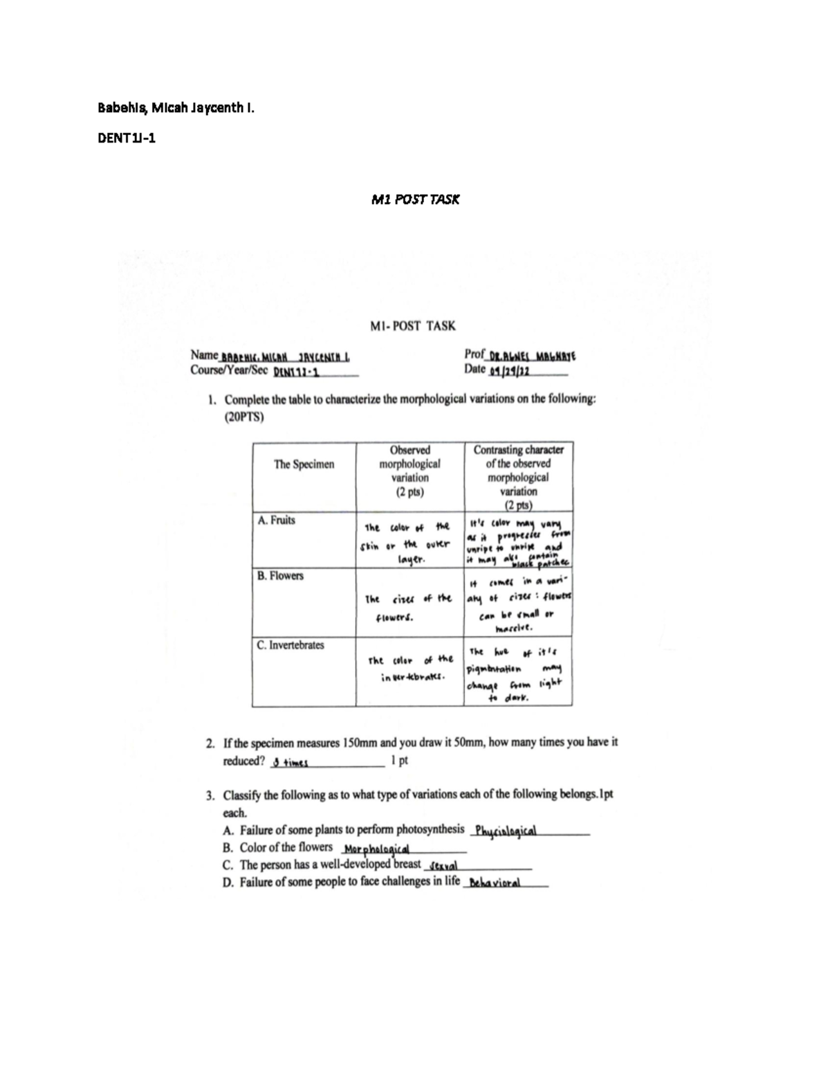 Babehis DENT1J-1 M1 POST TASK - Dentistry - Babehis, Micah Jaycenth I ...