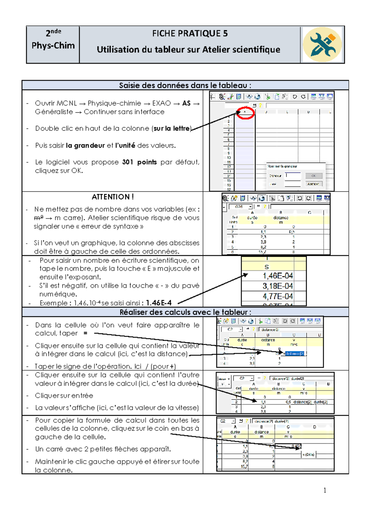 5 - Tableur Atelier scientifique - 2 nde Phys-Chim FICHE PRATIQUE 5 Utilisation du tableur sur ...