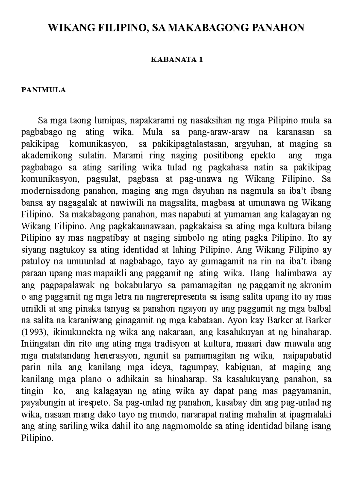 Introduction essay - WIKANG FILIPINO, SA MAKABAGONG PANAHON KABANATA 1 ...