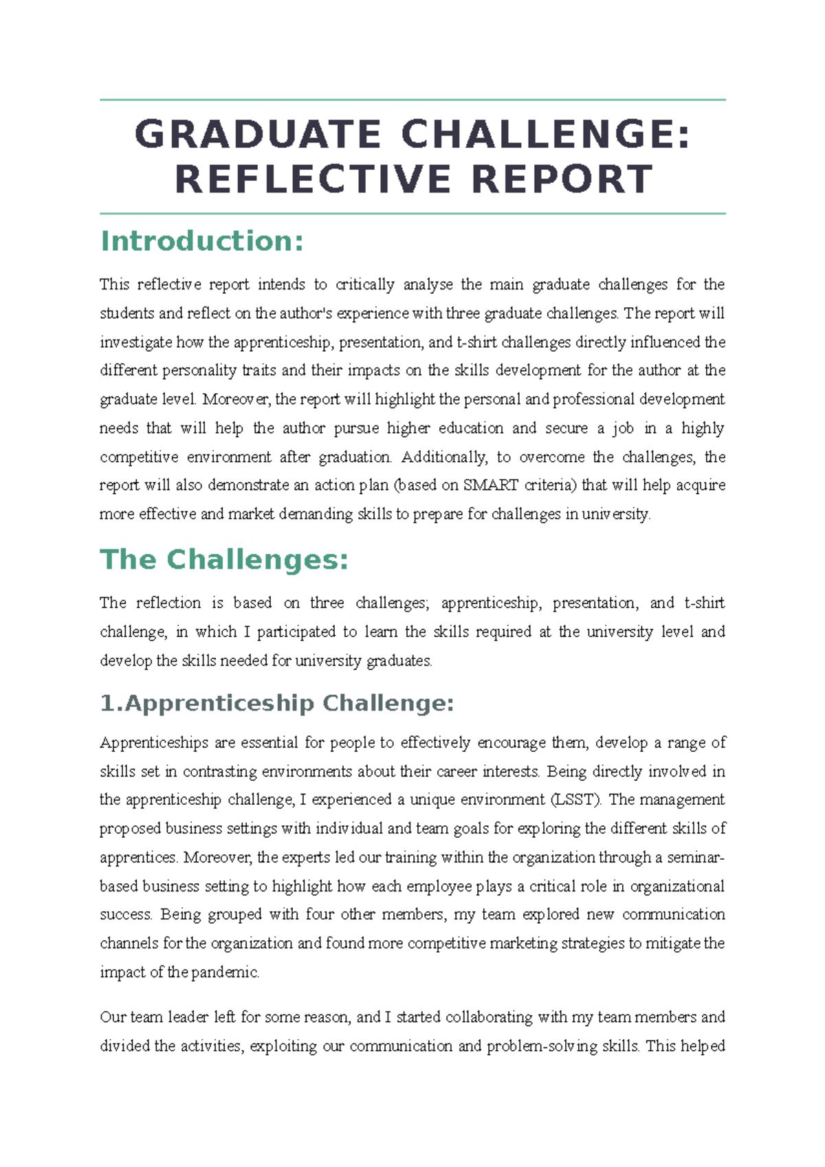 Graduate Challenge - GRADUATE CHALLENGE: REFLECTIVE REPORT Introduction ...