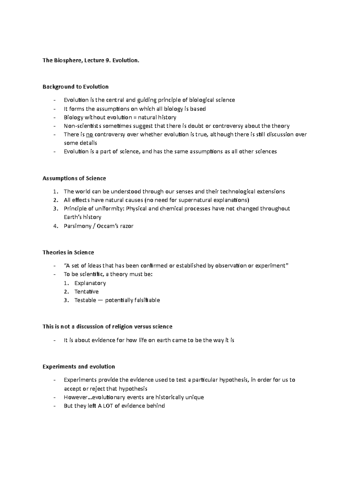 The Biosphere, Lecture 9 - Evolution. Background to Evolution ...