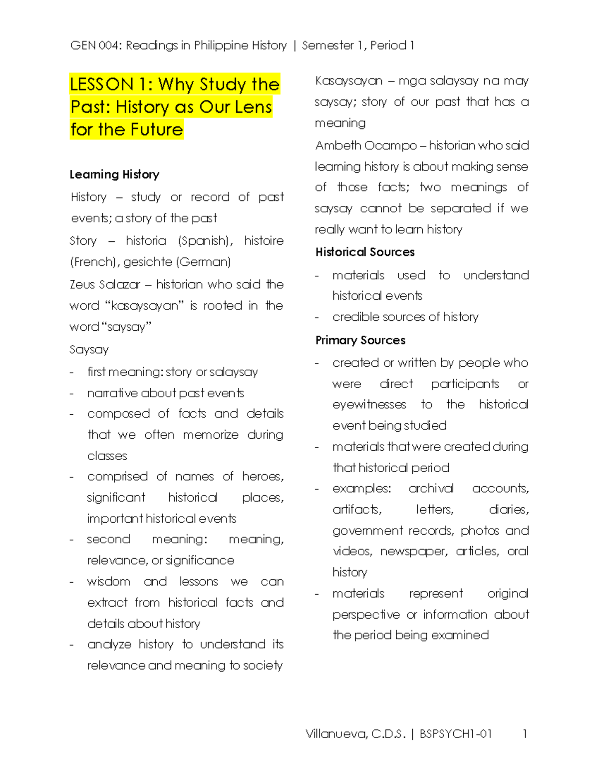 GEN 004 Prelims Reviewer - LESSON 1: Why Study the Past: History as Our Lens for the Future ...