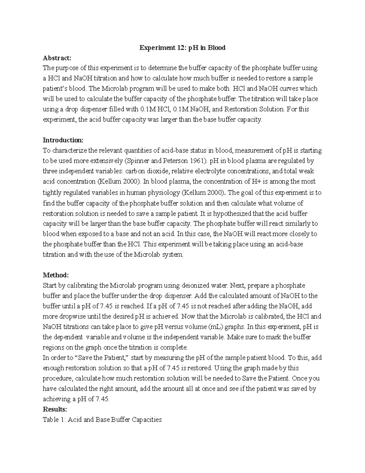 Experiment 12 Lab Report - Experiment 12: pH in Blood Abstract: The purpose of this experiment ...