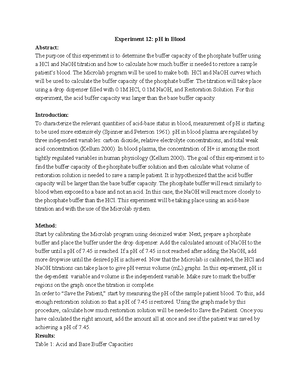 Experiment 12 Lab Report - Experiment 12: pH in Blood Abstract: The purpose of this experiment ...