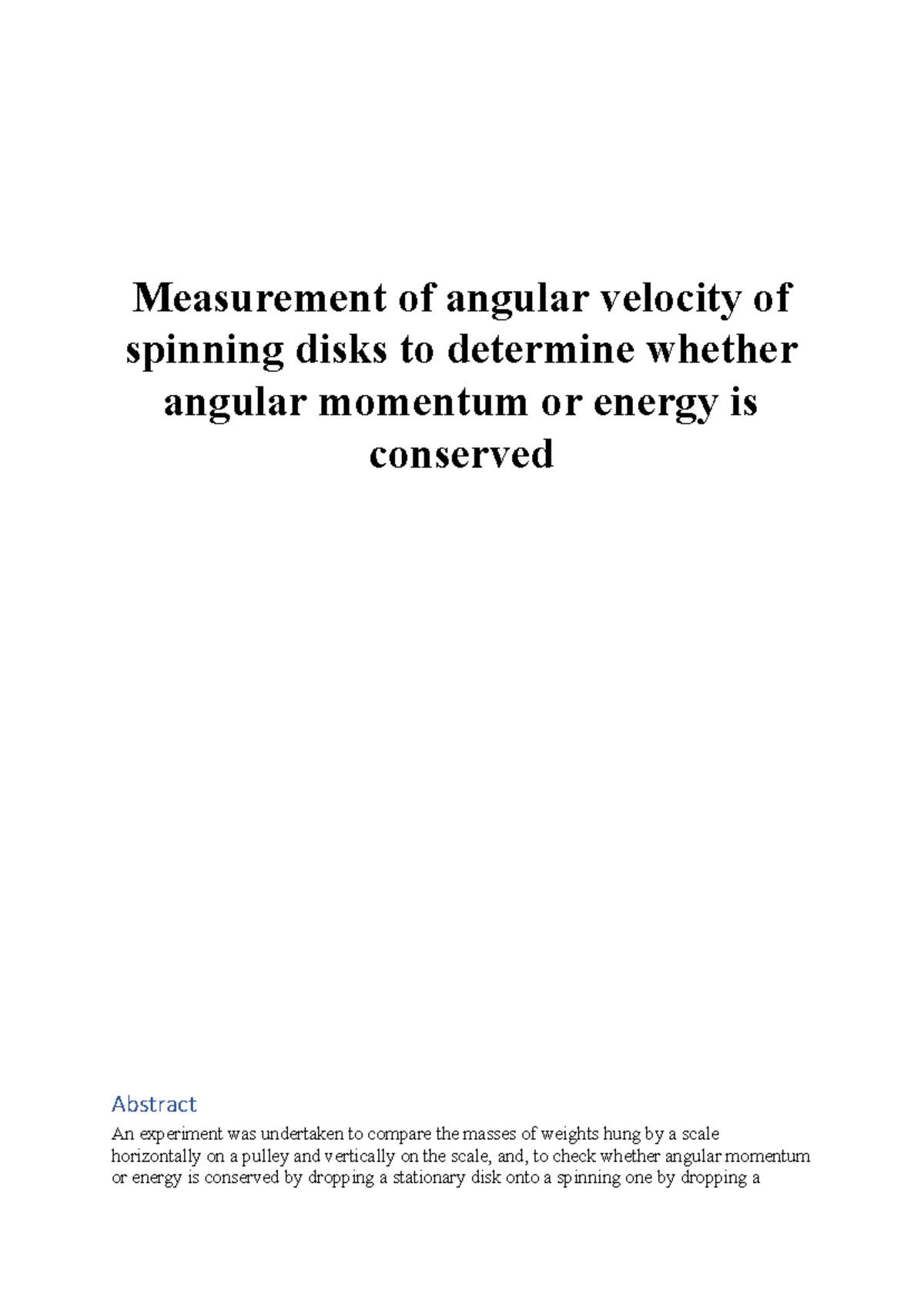 PHYS101 lab report - Measurement of angular velocity of spinning disks ...