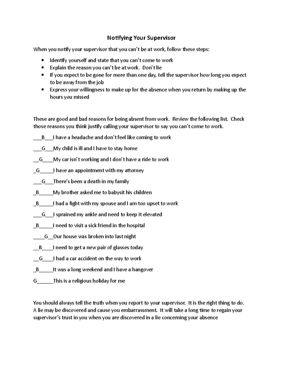 ECCE 1103 Notifying Your Supervisor - Notifying Your Supervisor When ...