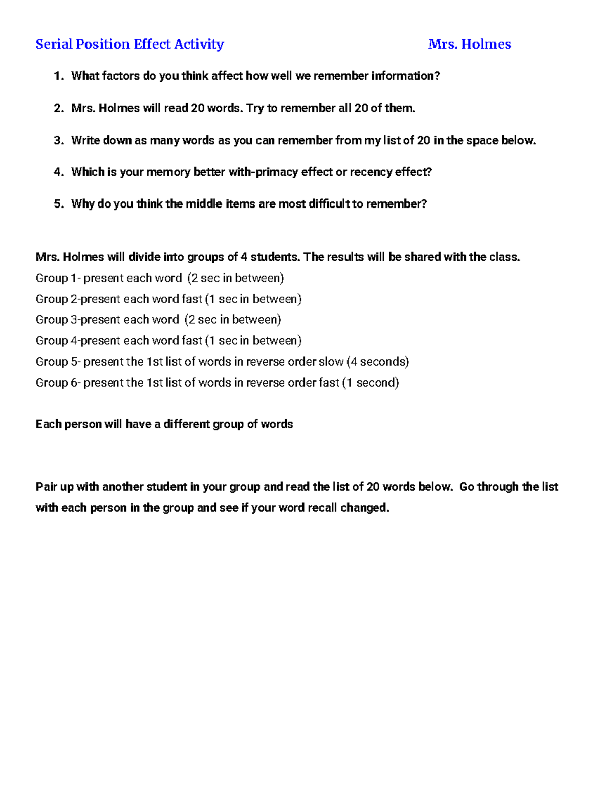 Serial Position Effect Activity - Holmes 1. What factors do you think ...