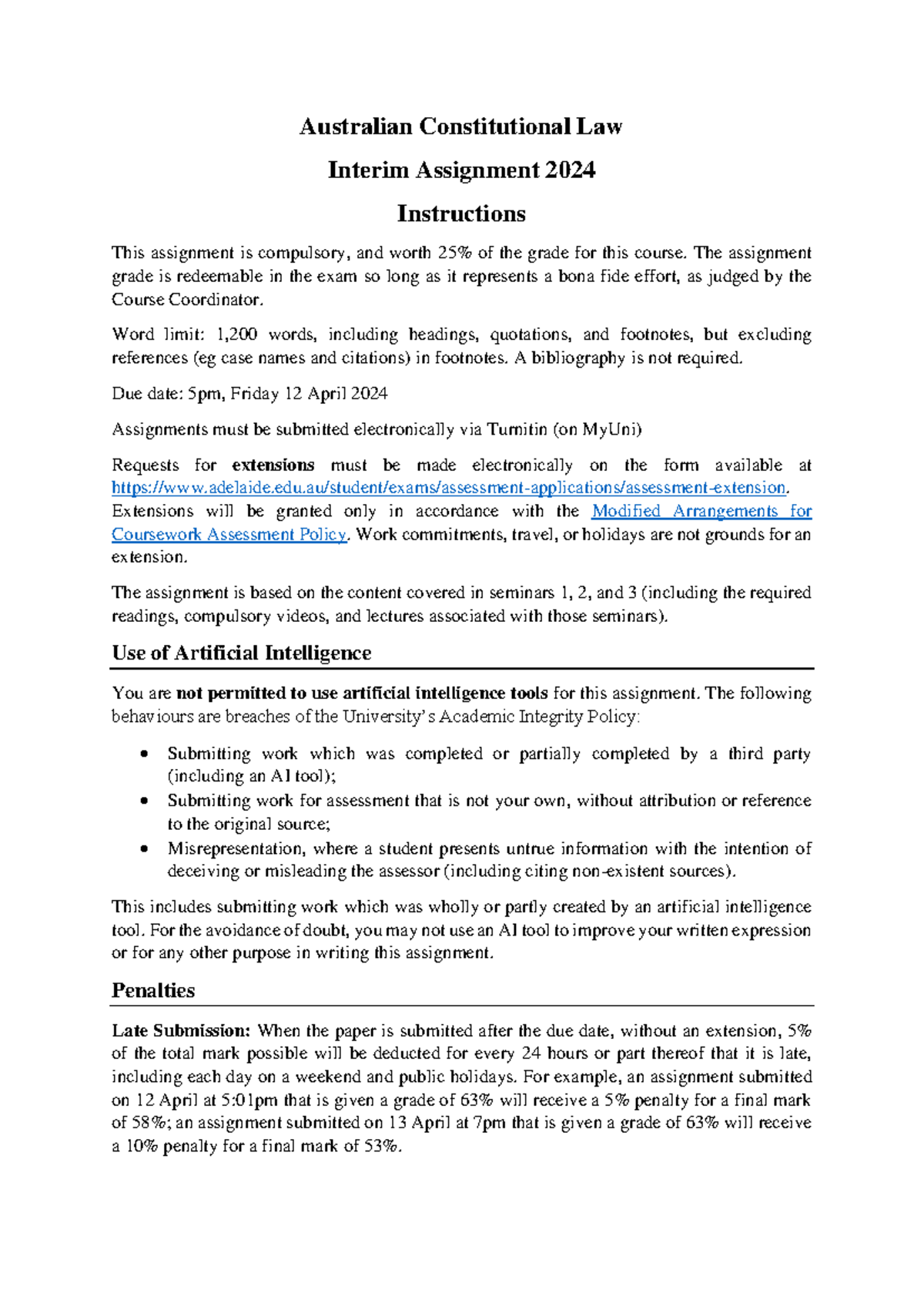 2024 Constitutional Law Interim Assignment - Australian Constitutional ...