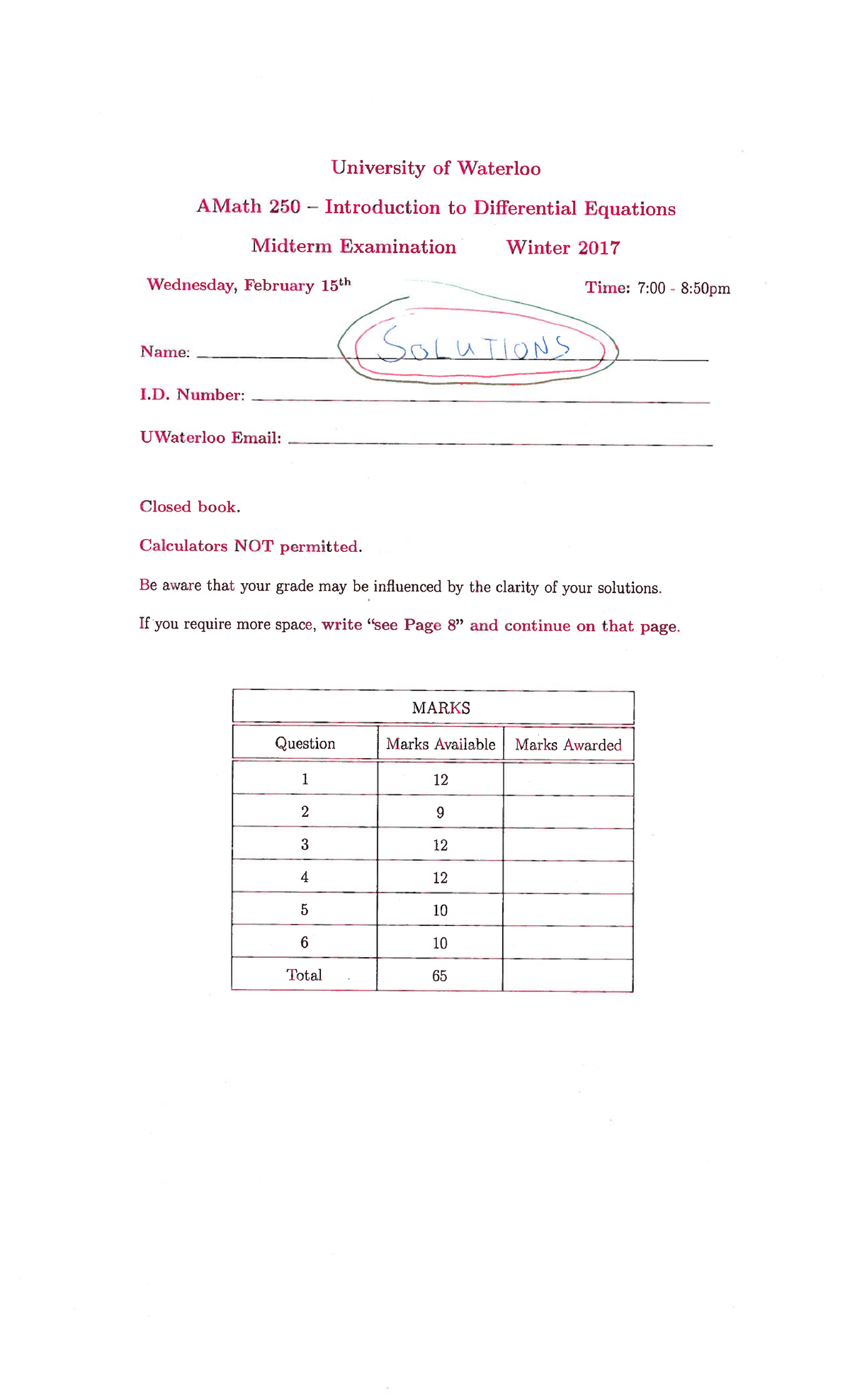AM250Mid W17 - midterm sol - Amath 250 - Studocu