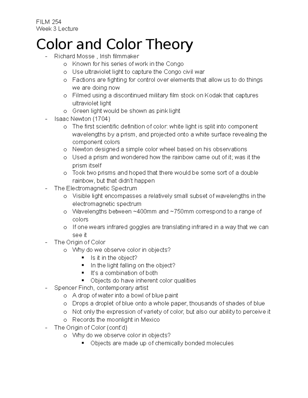 Color and Color Theory Week 3 Lecture - FILM 254 Week 3 Lecture Color ...