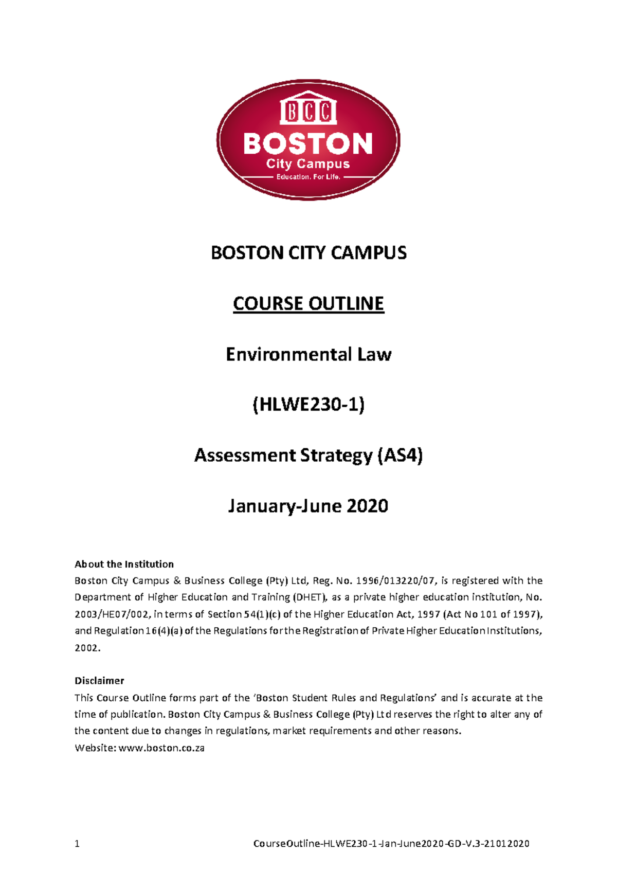 HLWE230 1 Course Outline Jan Jun2020 GD V3 22012 020 - Warning: TT: undefined function: 32 ...