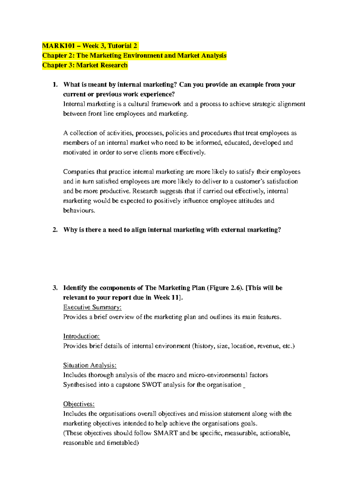 MARK101 W3 TT2 - tut - MARK101 – Week 3, Tutorial 2 Chapter 2: The Marketing Environment and ...