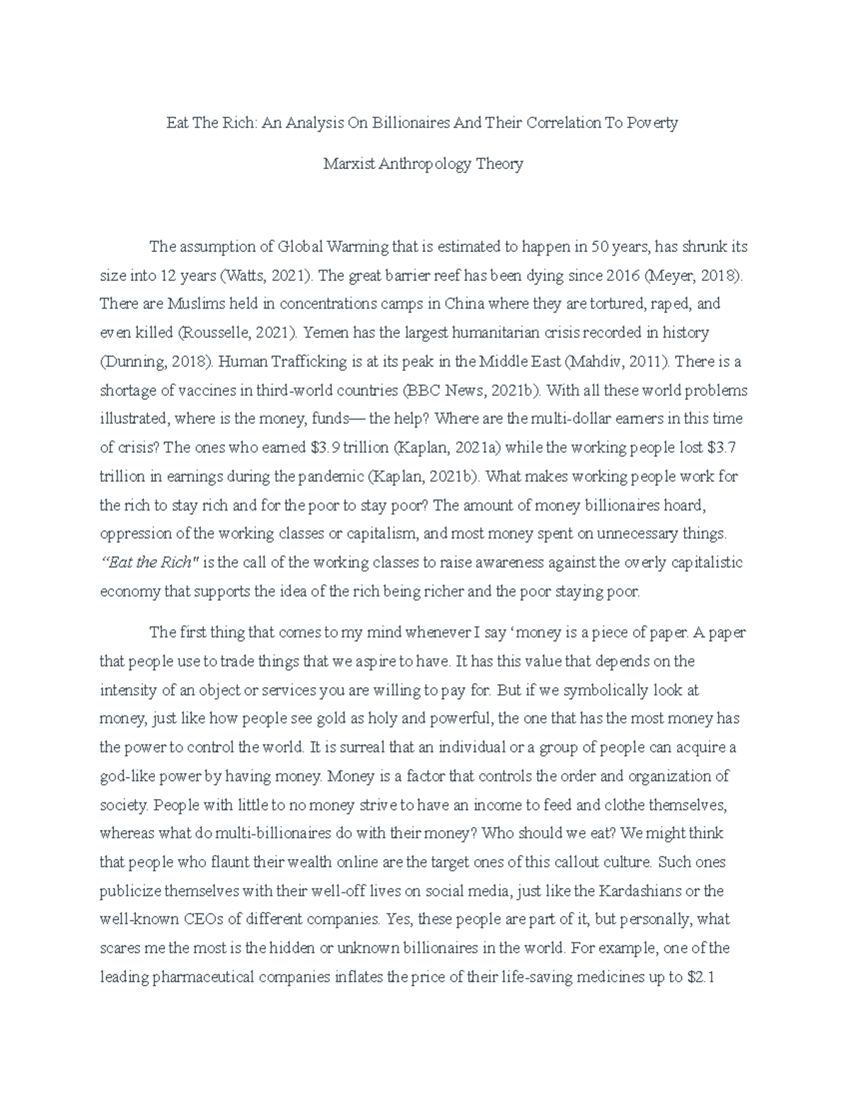 Position Paper Anth - Eat The Rich: An Analysis On Billionaires And ...