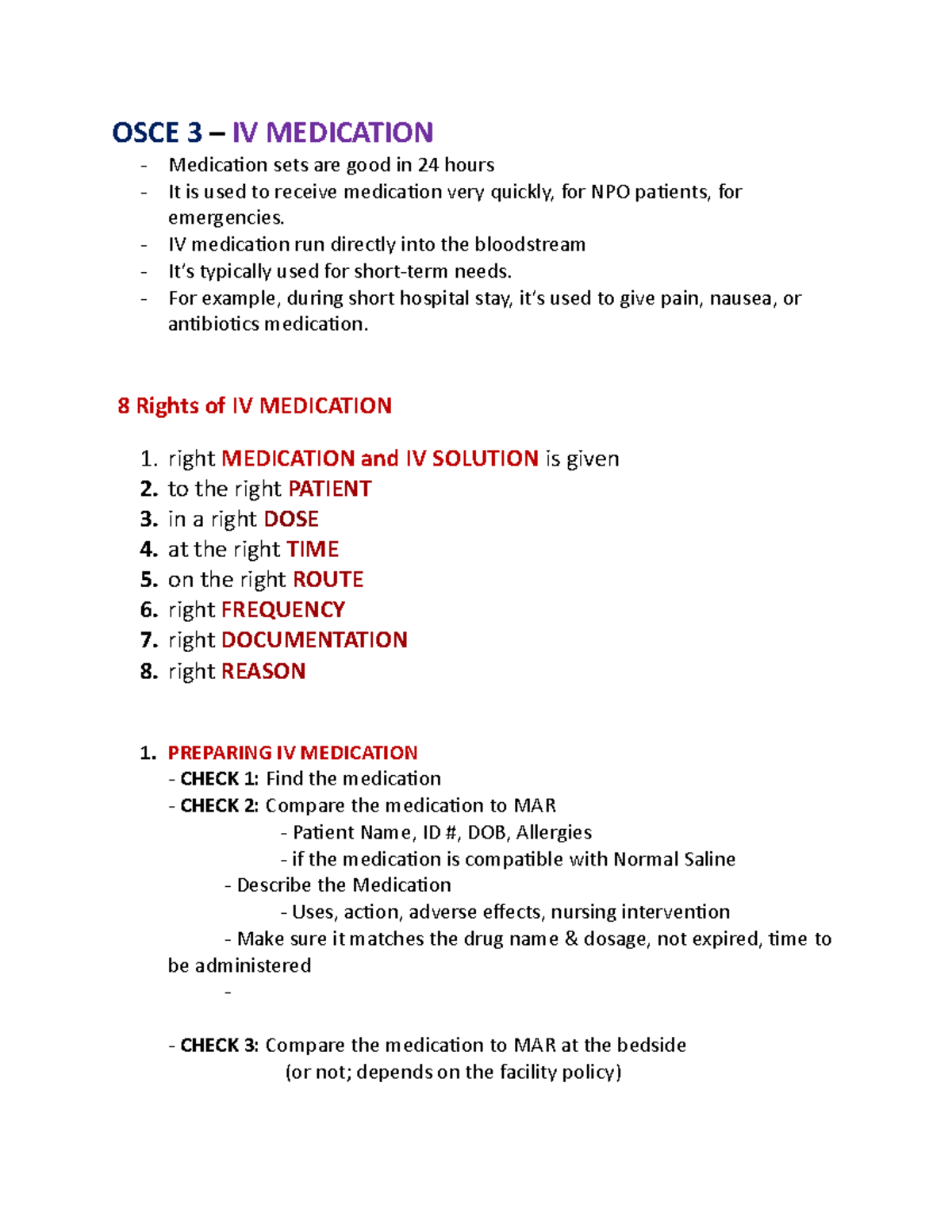OSCE 3 IV Medication OSCE Notes From Practicum Lab Claudia Carson