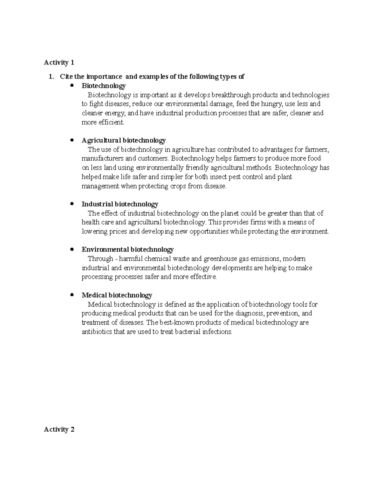 Activities in Biotechnology. Subject: Science, Technology and Society ...