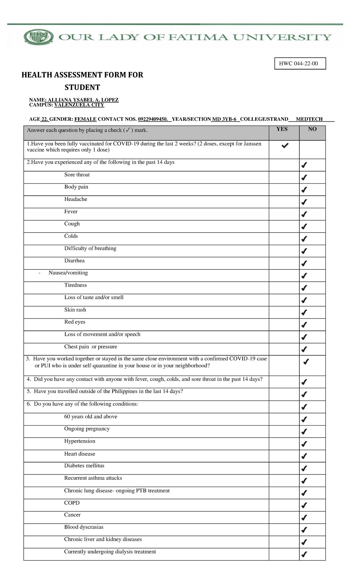 Haf Lopez - Qetiw - HWC 044-22- HEALTH ASSESSMENT FORM FOR STUDENT NAME ...