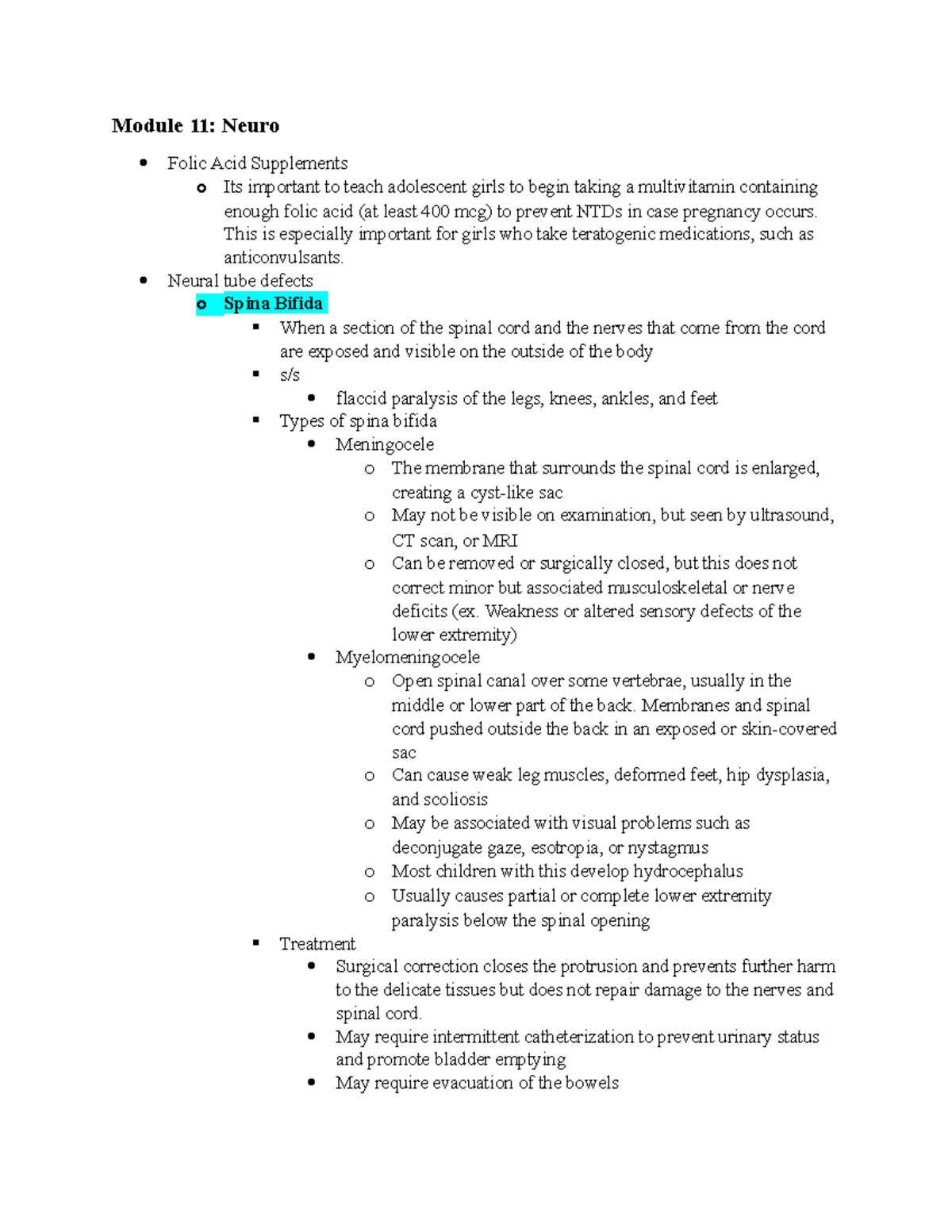 Exam 5 Peds - study guide - Module 11: Neuro Folic Acid Supplements o ...