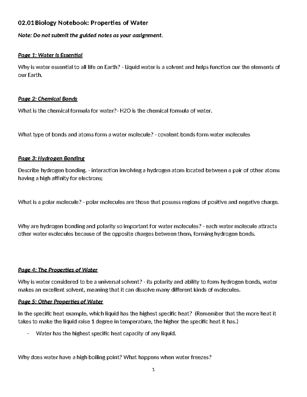 2.01 Bio properties of water notes - 02 Biology Notebook: Properties of ...