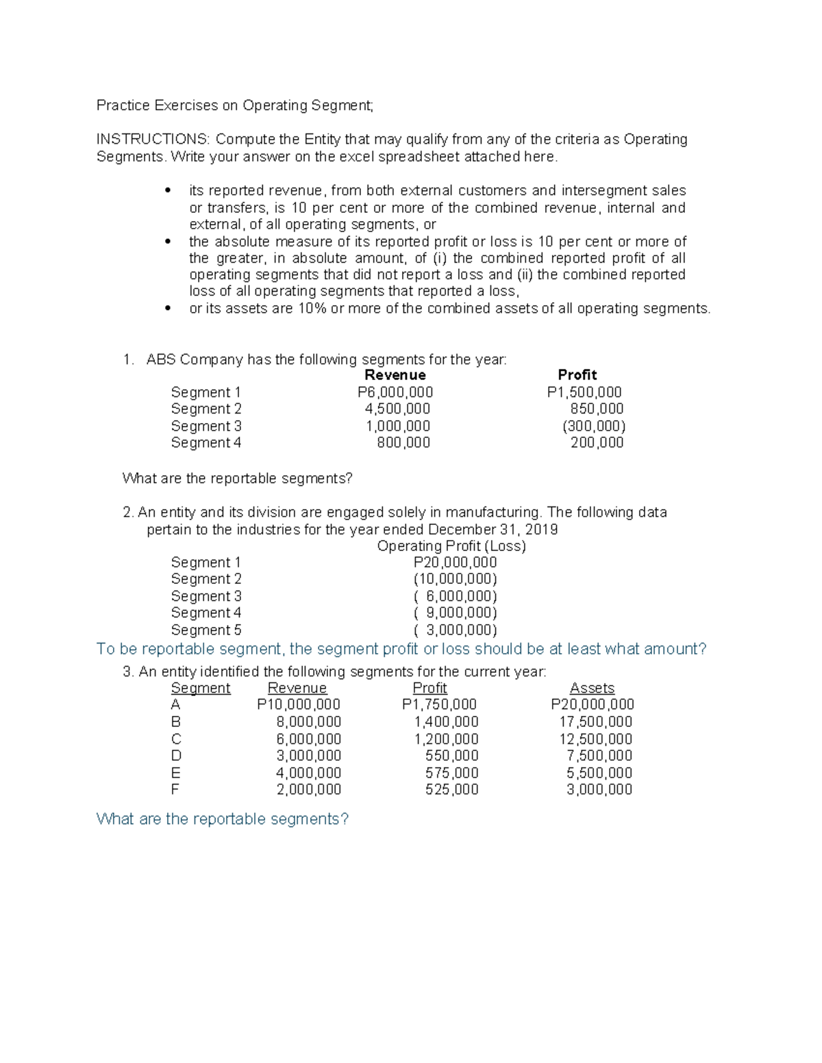 Practice Exercises on Operating Segment - Practice Exercises on ...