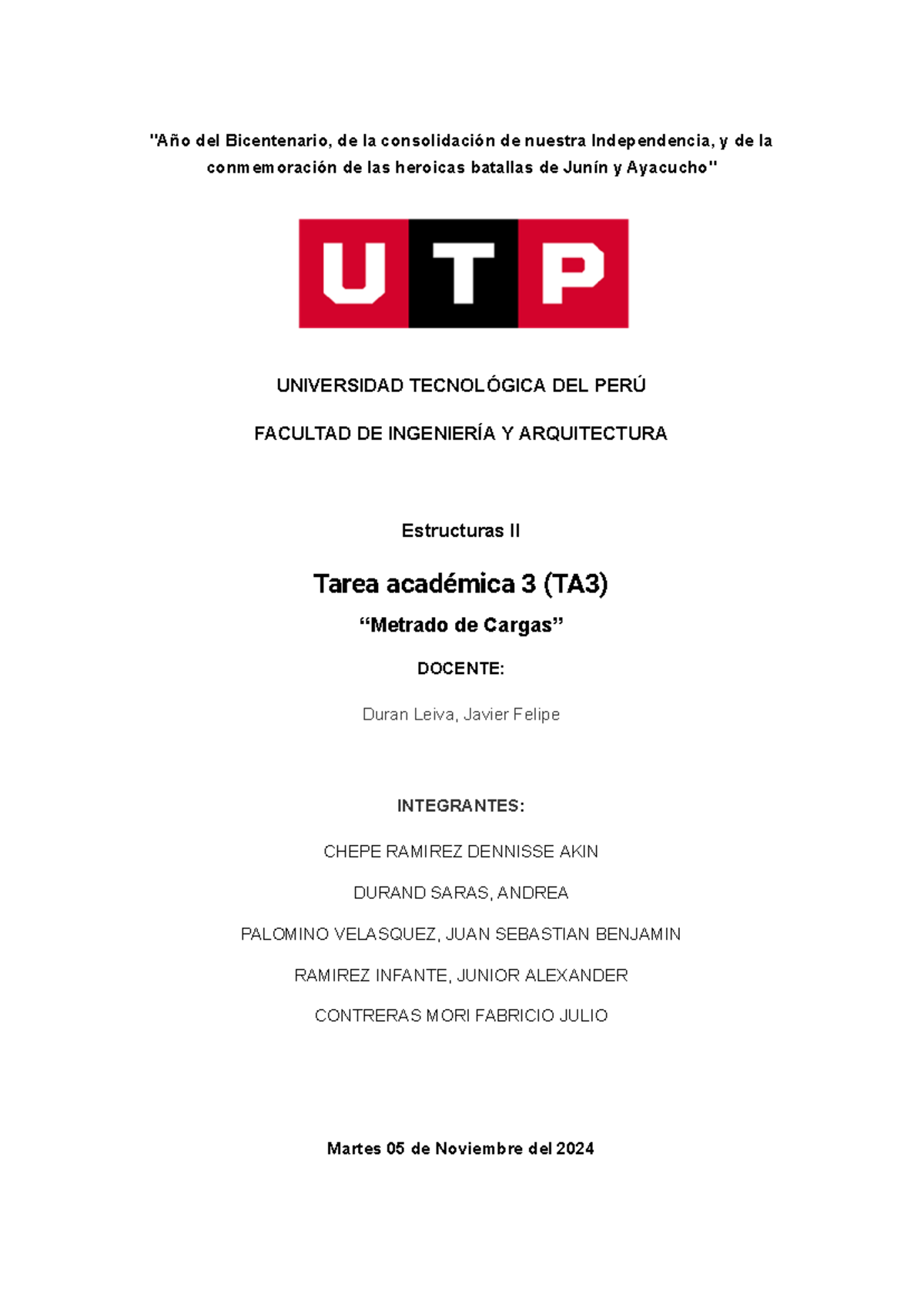 TA3 Estructuras - Tarea académica 3 (TA3) “Metrado de Cargas” - "Año del Bicentenario, de la ...