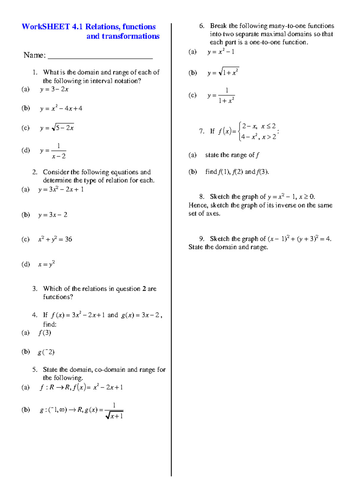 Functions And Relations Revision Worksheet 4 Relations Functions And
