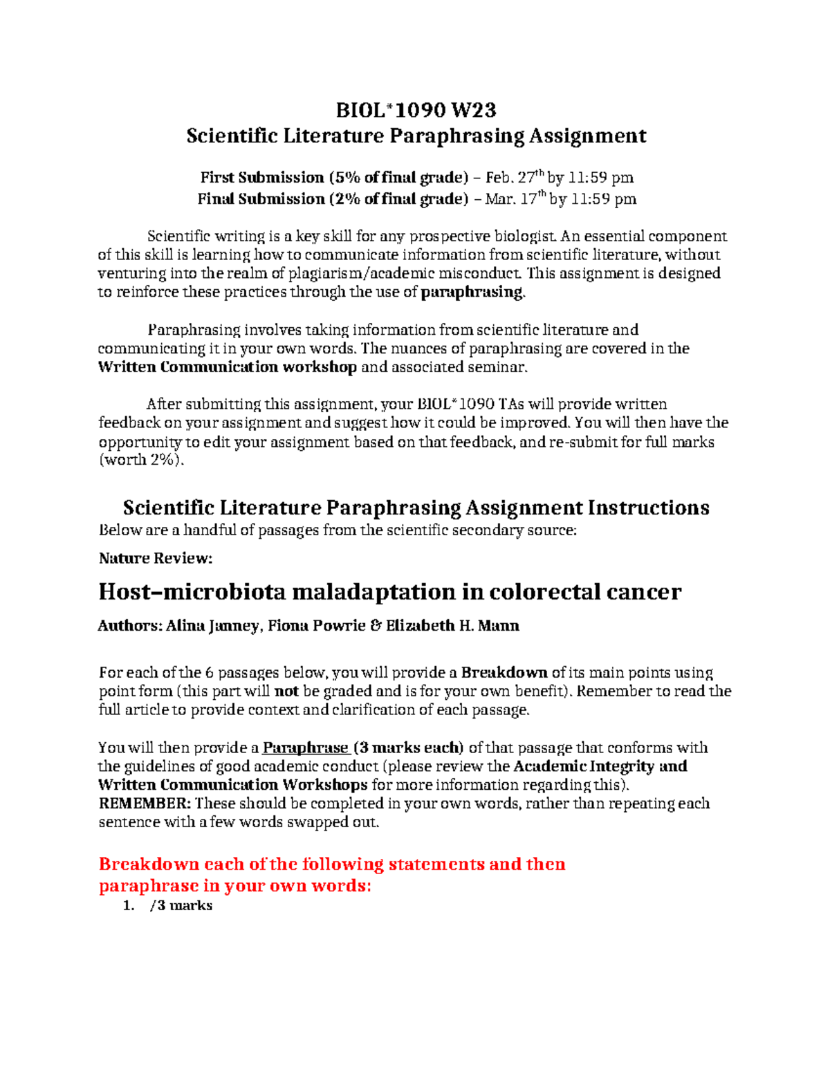 Scientific Literature Paraphrasing Assignment Instructions W23 - BIOL*1090 W Scientific ...