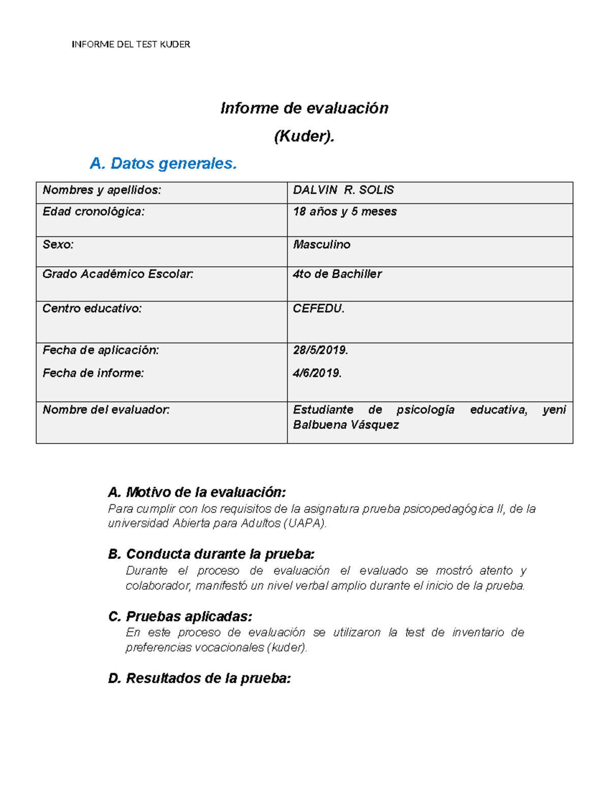 Informe de test Kuder para estudiante - Informe de evaluación (Kuder ...