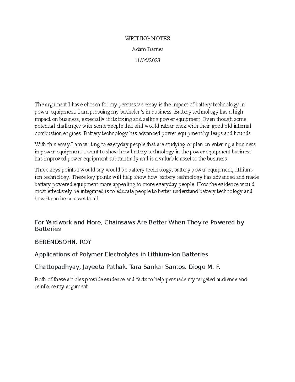 Writing Notes - WRITING NOTES Adam Barnes 11/05/ The argument I have ...