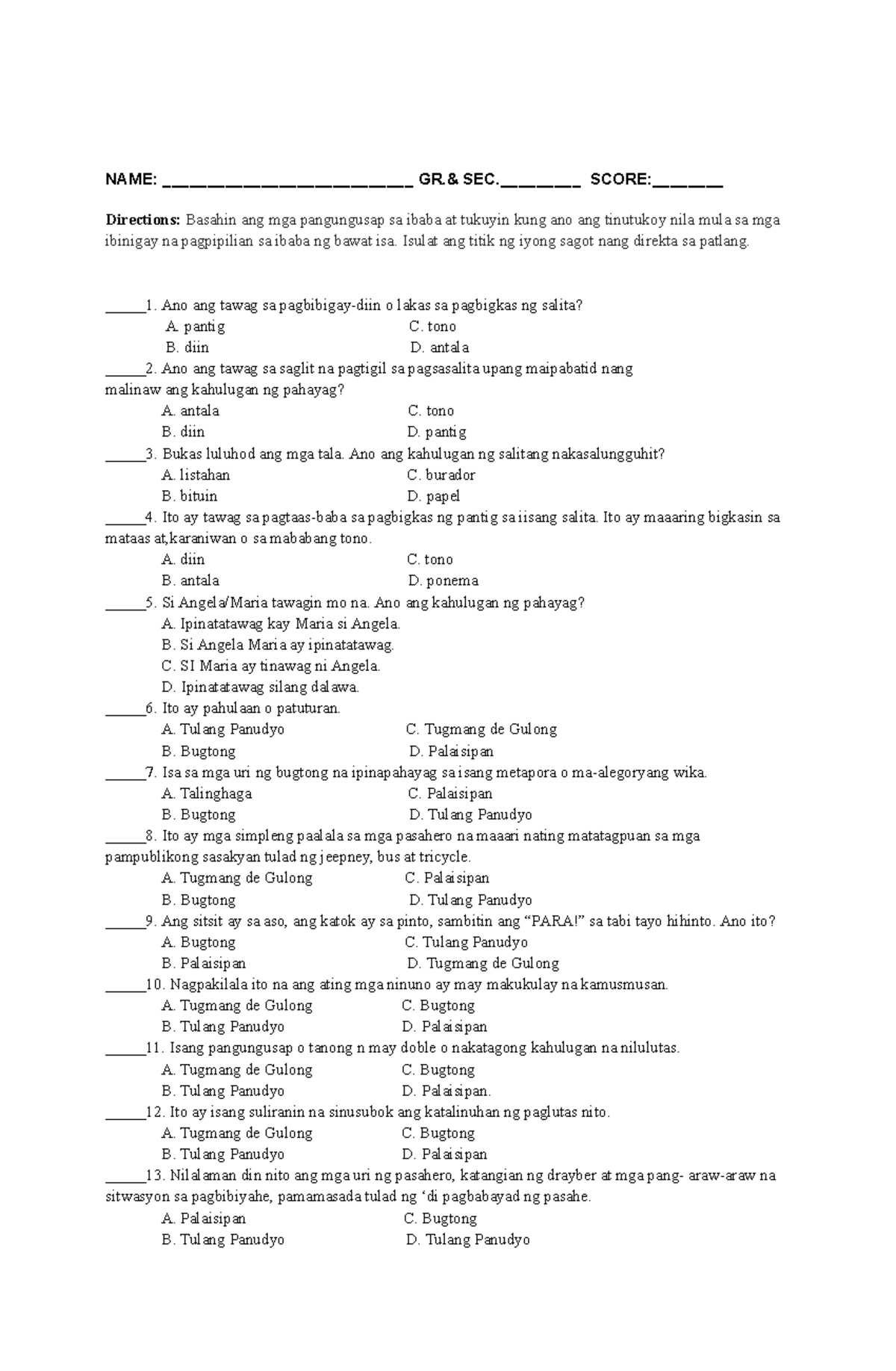 Filipino 7 pangatlong markahang pagsusulit 2022-2023 - NAME