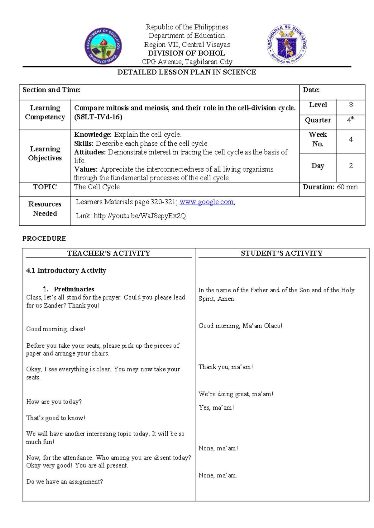 Detailed Lesson PLAN IN Science 8 (Day 2) - Republic of the Philippines ...