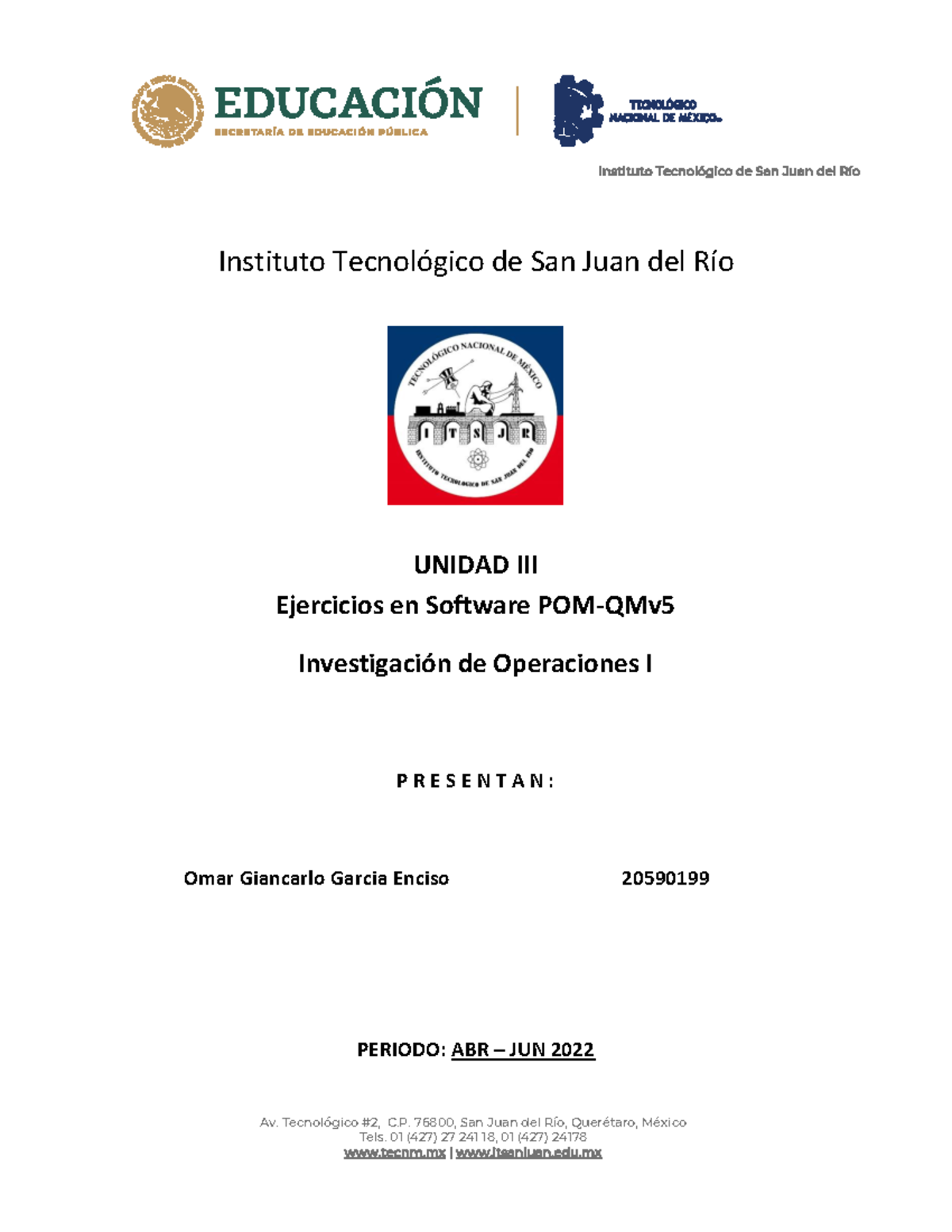 Ejercicios en Software POM-QMv5 - Instituto Tecnológico de San Juan del ...