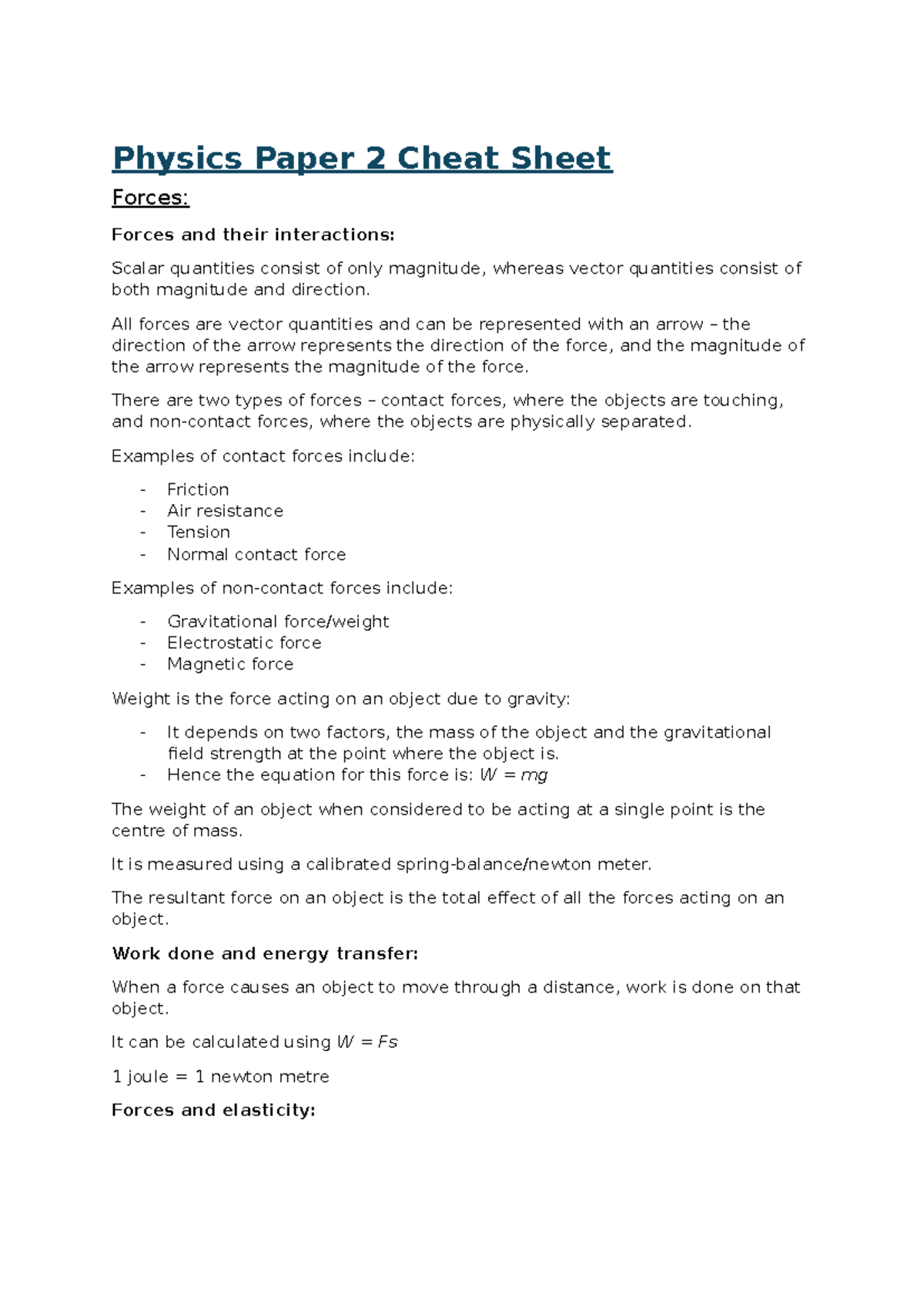Physics Paper 2 Cheat Sheet AQA - Physics Paper 2 Cheat Sheet Forces ...