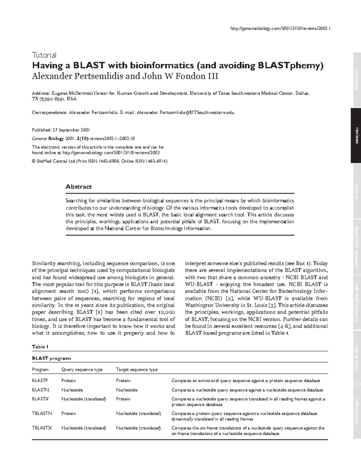 Blast introduction - genomebiology/2001/2/10/reviews/2002. comment ...