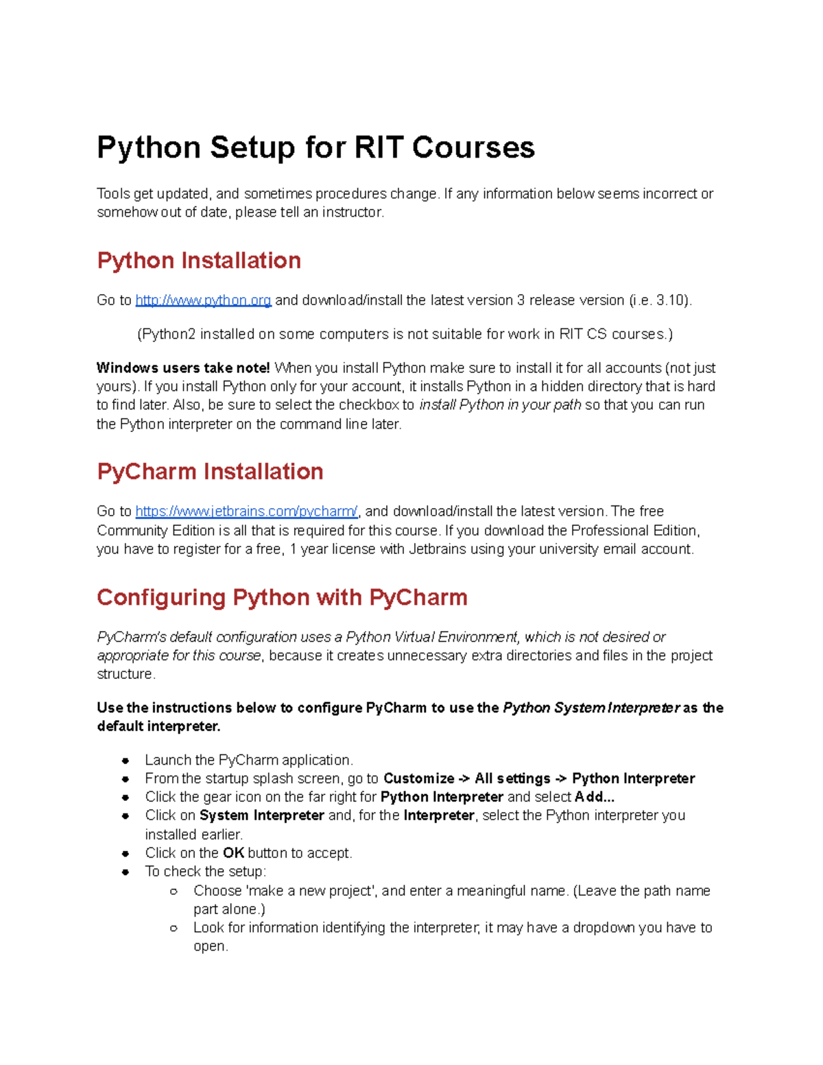 Python Setup for RIT Courses - If any information below seems incorrect ...