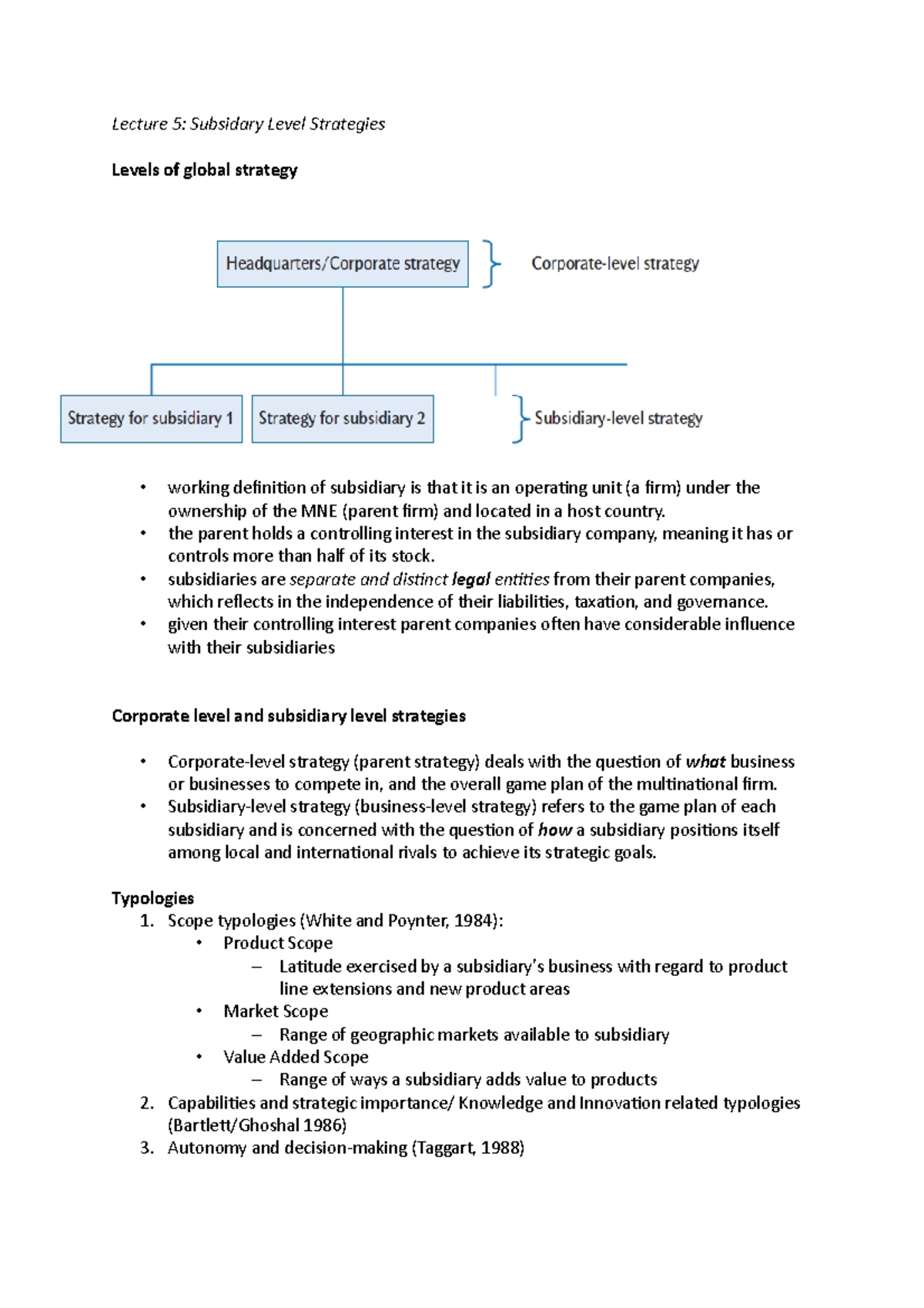 Lecture 5 - Subsidary Level Strategies - Lecture 5: Subsidary Level ...