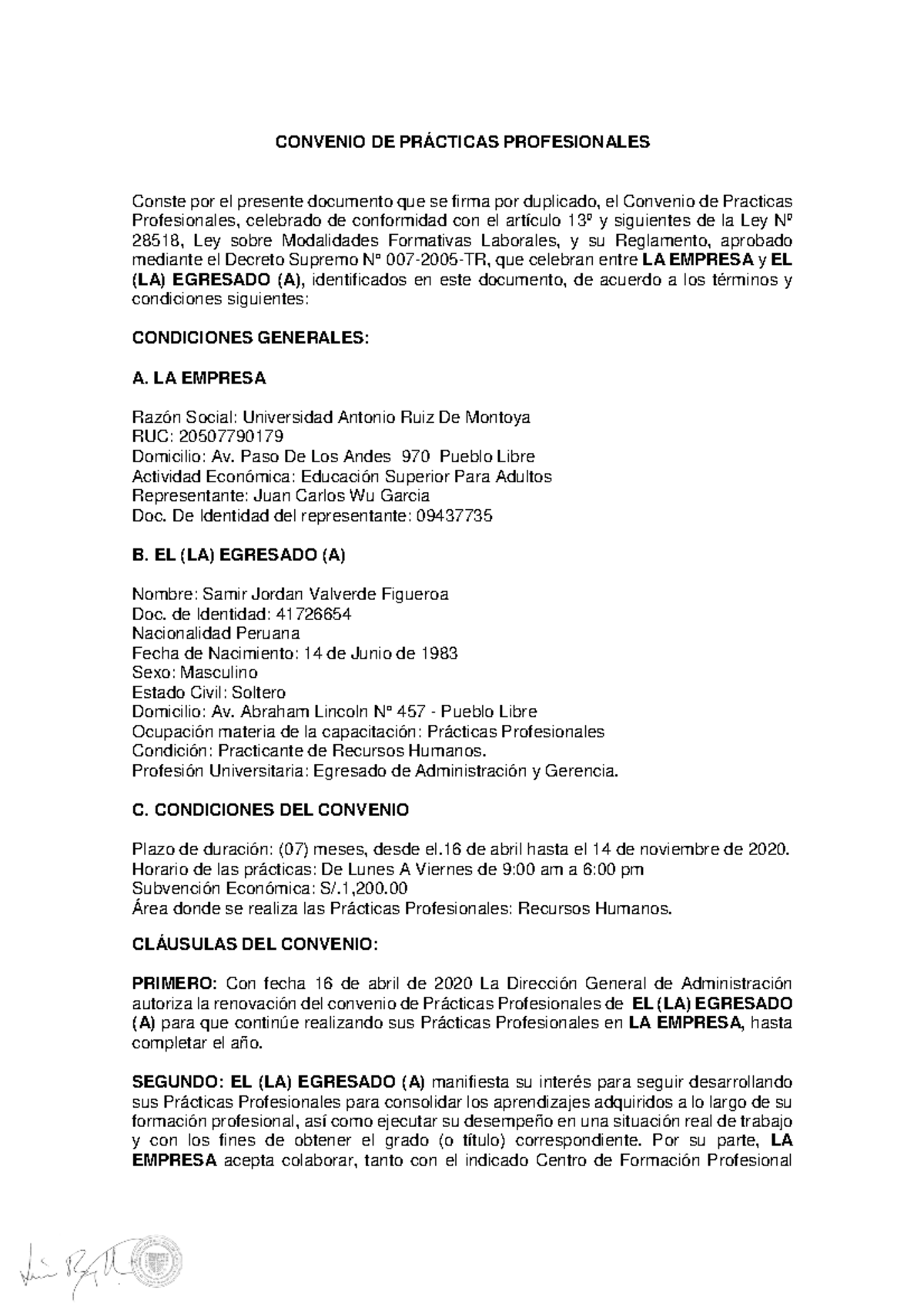 Convenio DE Prácticas Profesionales Samir Valverde Figueroa 2 ...