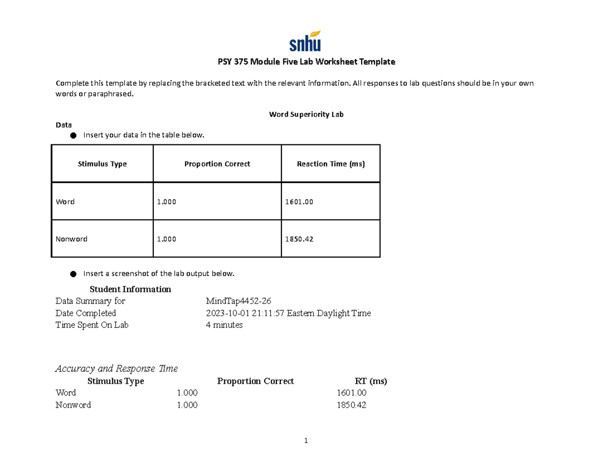 5-1 Module Lab Worksheet - PSY 375 Module Five Lab Worksheet Template ...