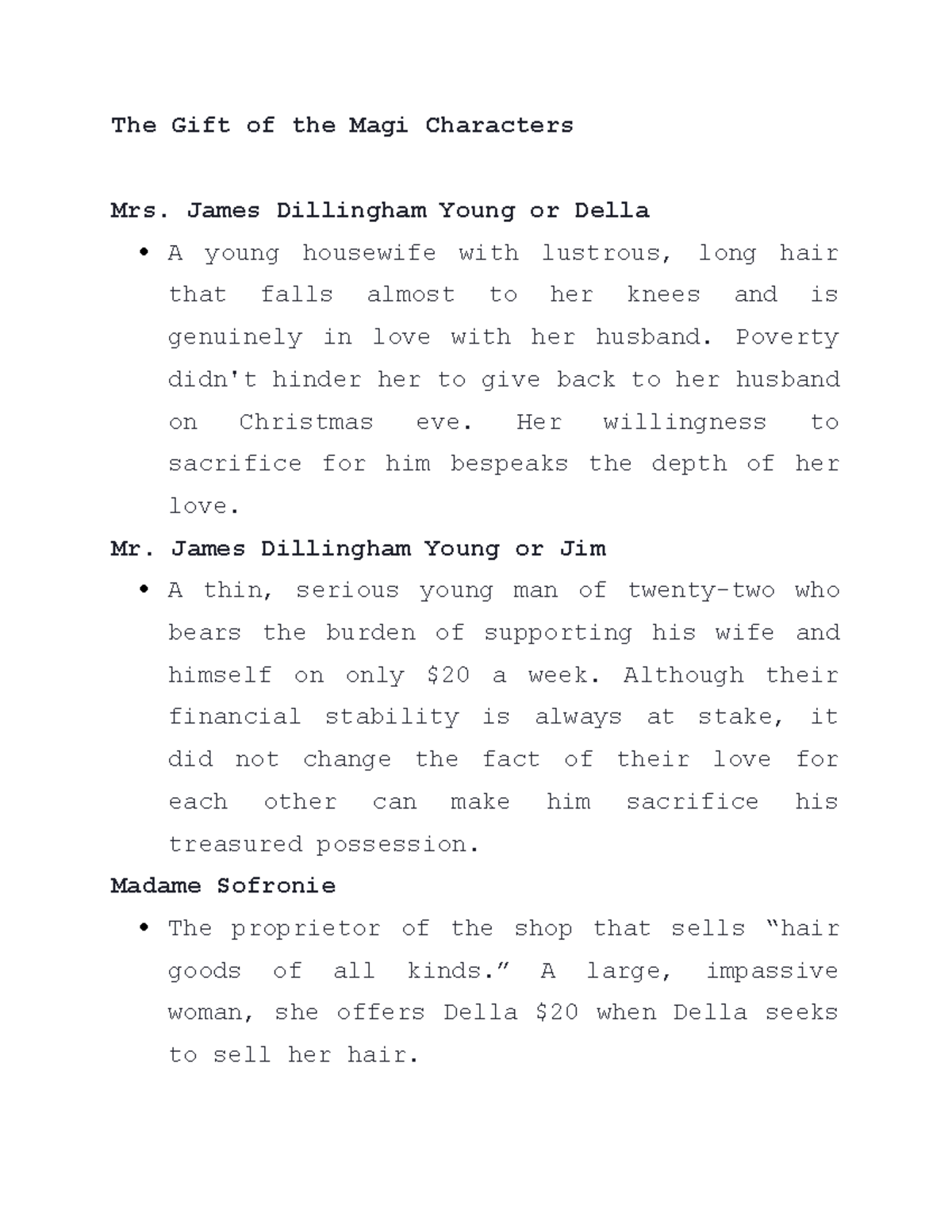 The Gift of the Magi Characters - James Dillingham Young or Della A ...